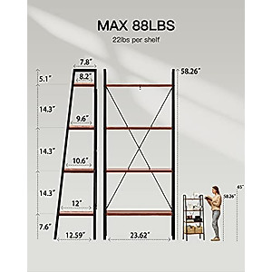 Pipishell Industrial Ladder Shelf, 4-Tier Bookshelf, Free Standing Bookcase Storage Rack Shelves Plant Flower Stand with Wood Look for Living Room, Bedroom, Kitchen, Bathroom, Home Office, Balcony