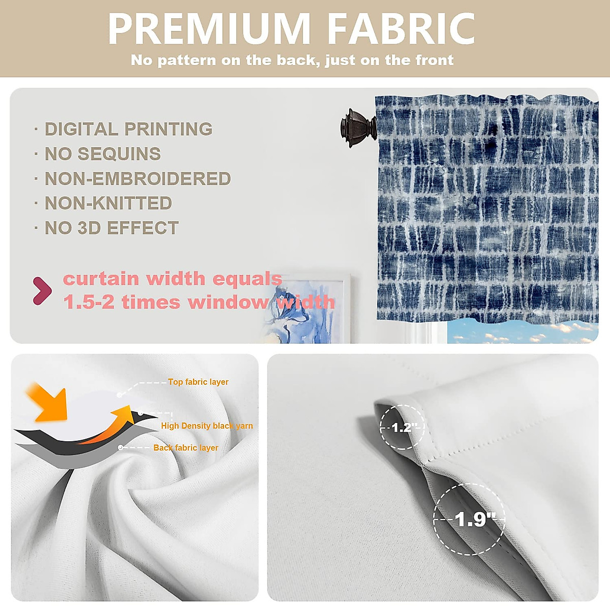 BaoNews Abstract Indigo Kitchen Valances Window Curtain, Blue Check Abstract Indigo Tie Dyed Grid Navy Blackout Decoration Small Window Valances Curtains Drapes Kitchen Bedroom, 52 X 18 Inch