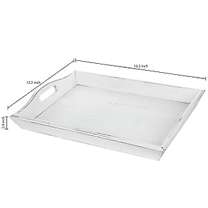 MyGift 16-Inch Vintage White Wood Large Serving Tray with Handles, Rectangular Ottoman Breakfast Tray