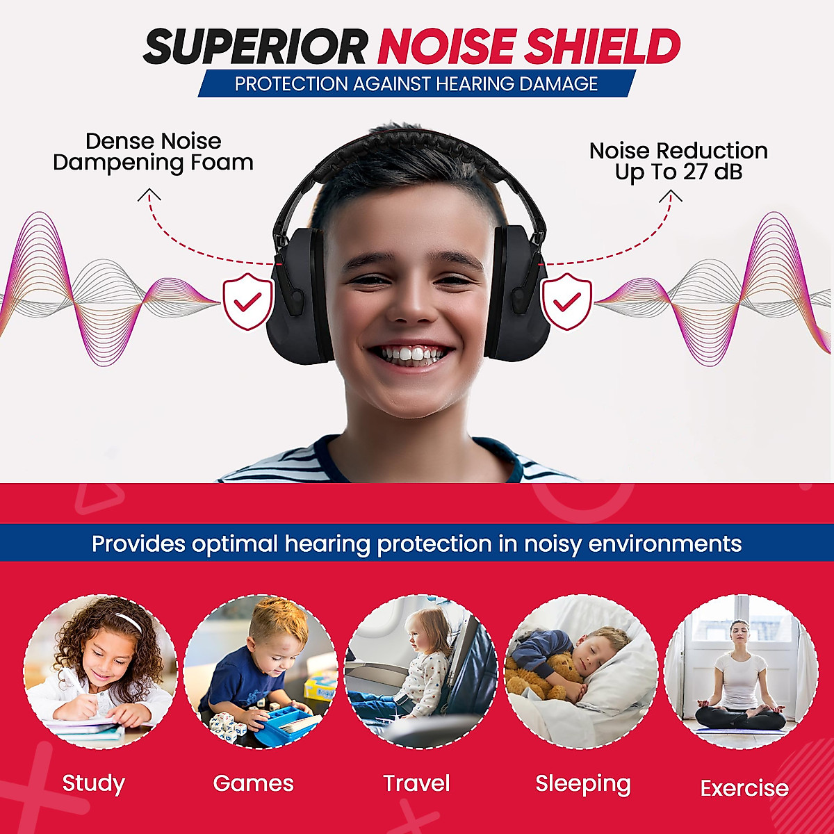 Ear Muffs for Kids Ear Protection, Noise Cancelling Headphones for Kids,Autism, with Adjustable Head Band, Ear Protection for Kids Football Game, Concerts, Air Shows, Fireworks (Black)