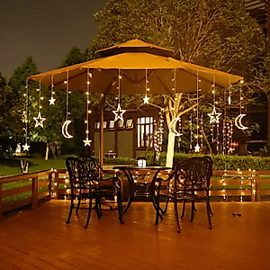 CSX Solar String Lights 138LED Moon Star Twinkle Lights with Remote 8 Lighting Modes Curtain Lights Window Lights Hanging Fairy Lights Outdoor Waterproof for Yard Garden Patio Ramadan Christmas Decor