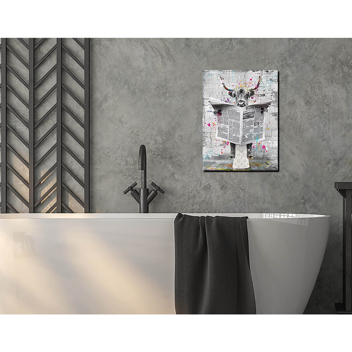 GUGIKA Highland Cow Canvas Wall Art for Bathroom, Funny Graffiti Bedroom Wall Decor, Black and White Painting for Living Room, Restroom Picture, 12x16 Inch