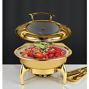 HONHPD 6.8 QT Round Golden Chafing Dish, chaffing server set buffet, Stainless Steel Buffet Chafer with Glass Lid, Chafers and Buffet Warmers Set for Catering, Buffet Food Warmer for Parties
