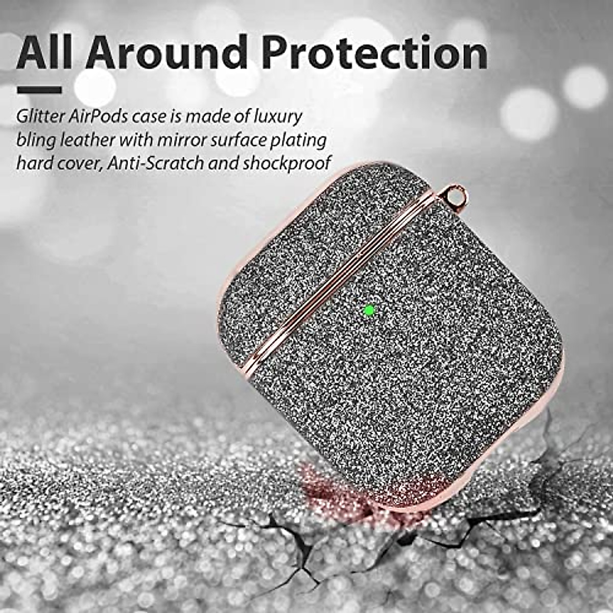 Aiiko Glitter Case for AirPods, Airpod Case Cover for Apple Airpods 2nd 1st Charging Case Bling Protective Air Pods Case with Keychain for Woman Girl Sparkly Air Podswireless Case Front LED Visible