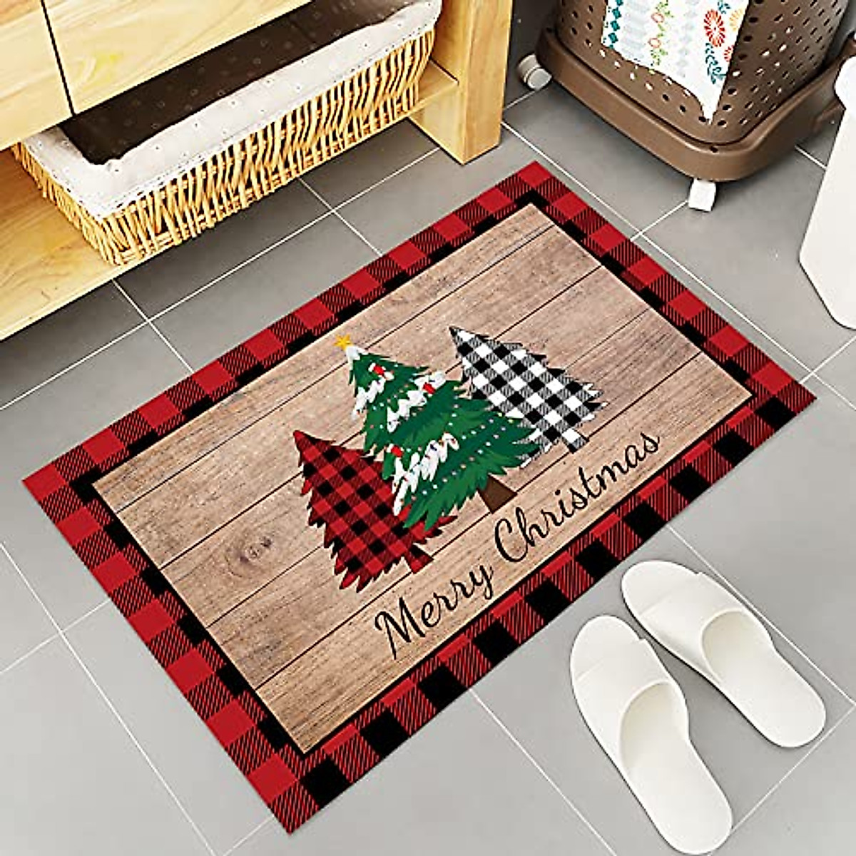 Arts Print Kitchen Rug Mat Set of 2,Merry Christmas Buffalo Plaid Pine Tree Wooden Board Runner Rug,Non-Slip Durable Kitchen Floor Mat for Sink,15.7x23.6Inch+15.7x47.2Inch