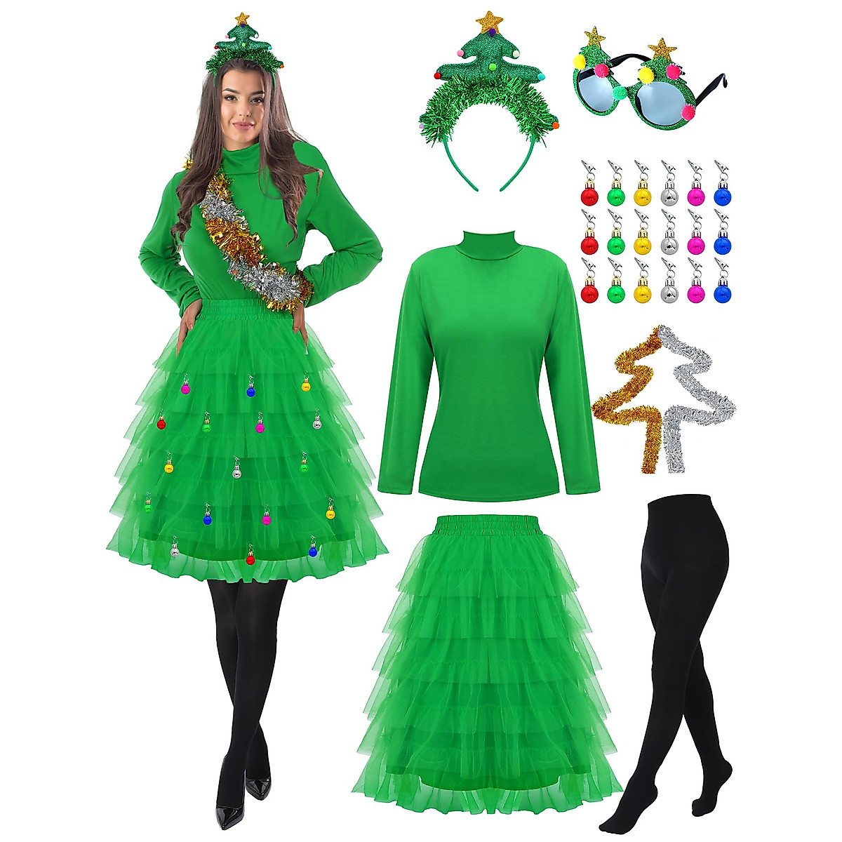 Xtinmee 25 Pcs Christmas Tree Costume Set for Women Festive Party Dress Christmas Tree Adult Outfit for Xmas Party Costumes (X-Large)