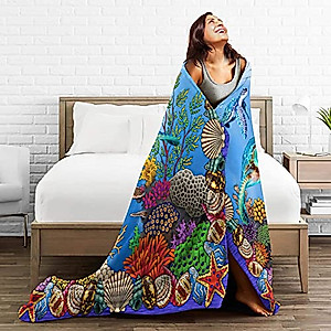 Sea Turtle Blanket Super Soft Cozy Ocean Sea Turtle Seashell Starfish Fleece Throw Blanket Warm Fuzzy Plush Sea Turtle Decor Bedding Blanket Gifts for Women Kids 40"X50"