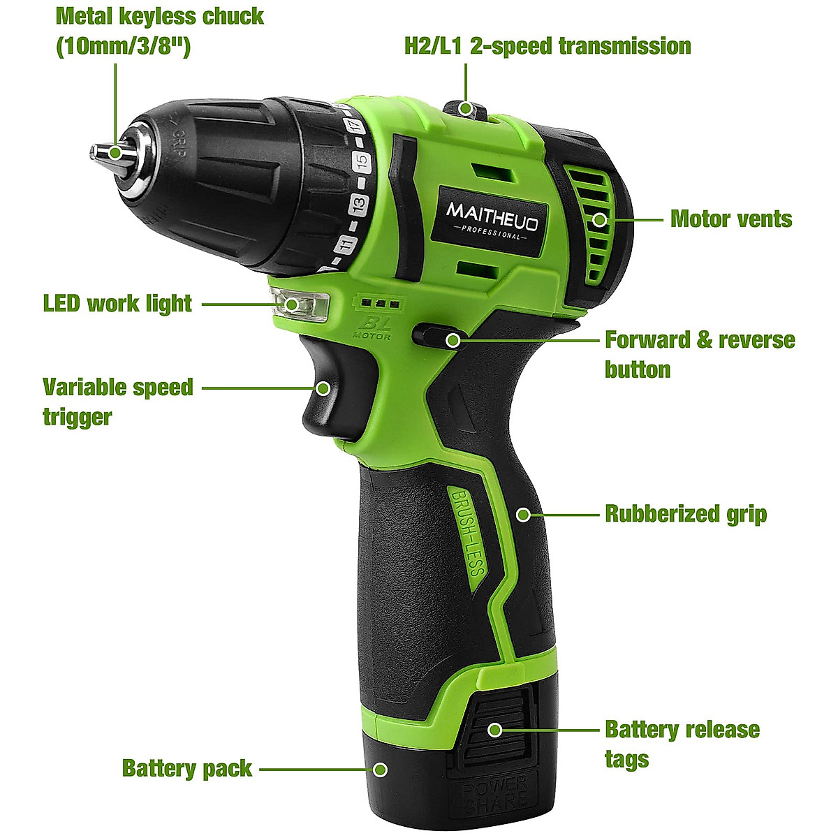 18V Cordless Drill, MAITHEUO Brushless Power Drill with 2Pcs Battery and Charger, 3/8”Keyless Chuck, 2 Variable Speed, 20+1 Torque Setting Electric Drill, Power Tools Kit for Man/Women Home Use