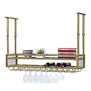 Industrial Hanging Wine Rack with Glass Holder and Shelf,Adjustable Ceiling Bar Wine Glass Rack,2-Layer Metal Wall Mounted Wine and Glass Rack,Iron Bottle Holder Wine Shelf(47.2in,Gold)