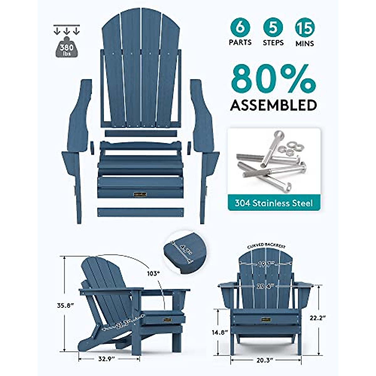 SERWALL Folding Adirondack Chairs Weather Resistant for Outdoor, Patio, Lawn, Garden, Backyard Deck, Fire Pit - Blue