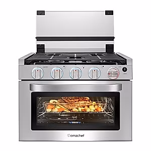 AMZCHEF RV Gas Range 17 Inches Tall, 1.24 Cu.Ft Propane Range Oven with 3 Burners Stove for RV, Apartment, Mobile Home, Stainless Steel.