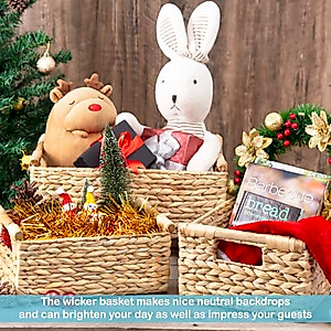 Wicker Baskets for Storage Organizing, Water Hyacinth Storage Baskets Rectangular with Wooden Handles for Shelves, Natural Wicker Storage Basket Bins - Set of Wicker Baskets for Organizing with Handle