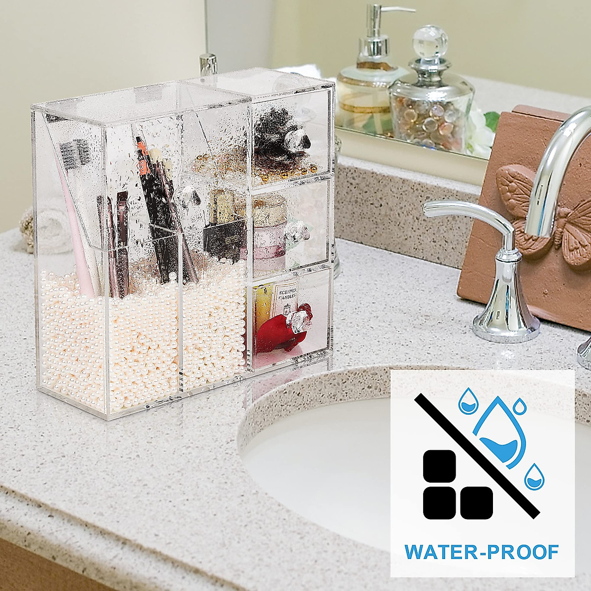 weddingwish Makeup Brush Holder with 3 drawers, Acrylic Makeup Organizer, Covered Costmetic Storage Box with Pink Beads,Heavy-Duty Acrylic, Bathroom Cosmetics Storage System…