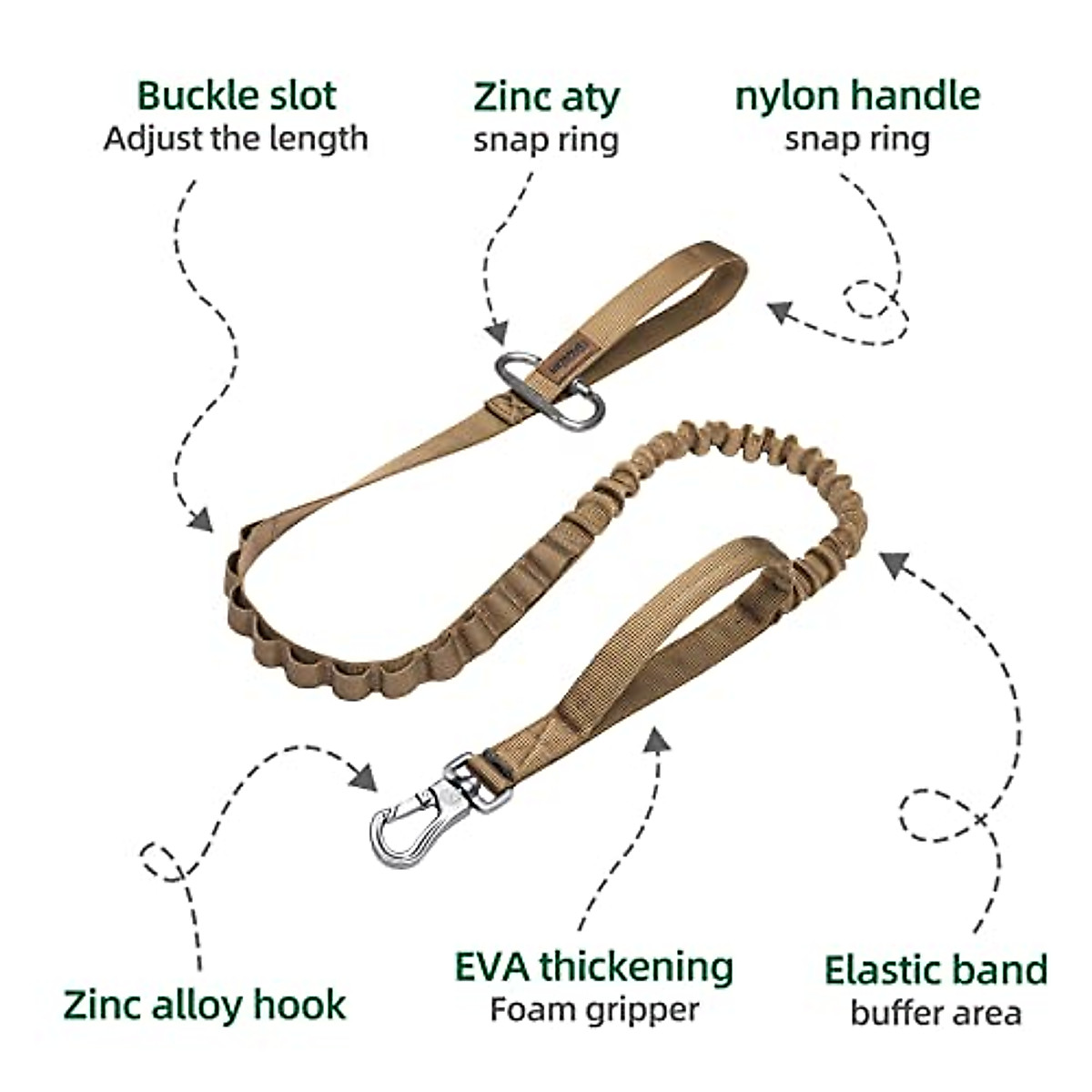 EXCELLENT ELITE SPANKER Tactical Bungee Dog Leash Military Adjustable Dog Leash Quick Release Elastic Leads Rope with 2 Control Handle(Coyote Brown)