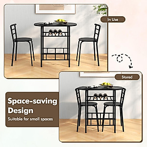 Giantex 3 Piece Dining Set Compact 2 Chairs and Table Set with Metal Frame and Shelf Storage Bistro Pub Breakfast Space Saving for Apartment and Kitchen (Black)