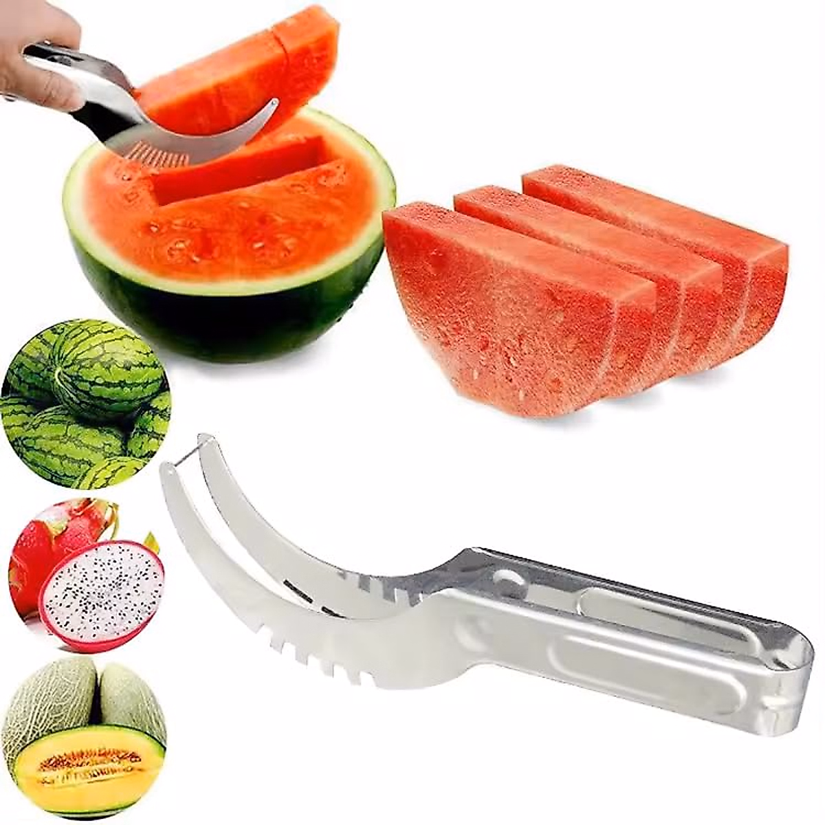 Generic New 2 pcs Set 2-in-1 Stainless Steel Fruit Cutter, Watermelon Melon Cutter with Fork, Tool 2 pcs Watermelon Slicer for Kitchen (Silver)
