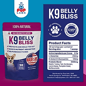 Pup Labs K9 Belly Bliss, All-Natural Gut Health for Dogs, Vet Approved Prebiotic for Dogs for Daily Digestive Support and Dog Constipation Relief, Easy to Use Topper for Dry and Wet Food, 30 Scoops.