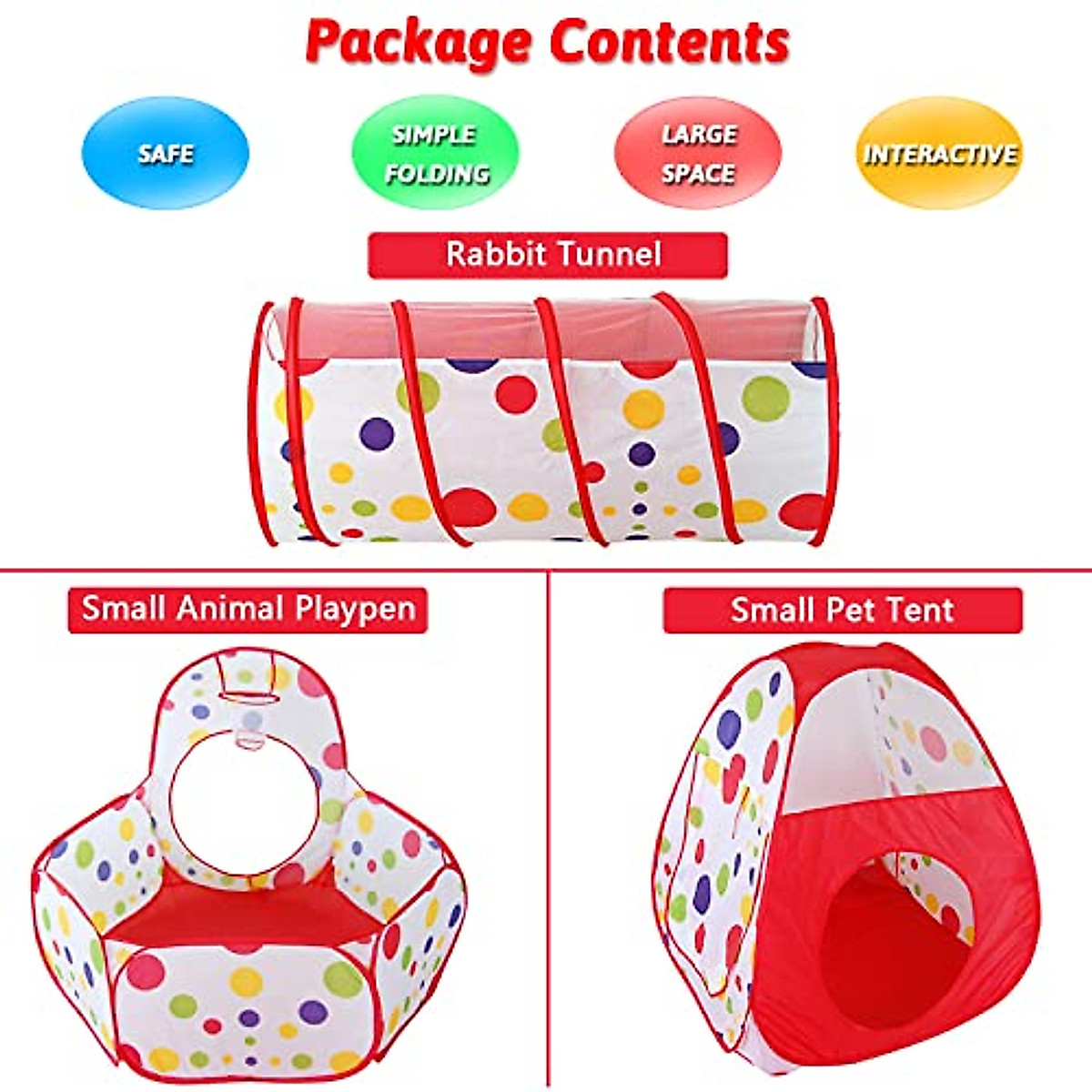 Fhiny Small Animal Playpen, Breathable Pop Open Portable Tent Rabbit Connect Tunnel Foldable Pet Exercise Enclosure Hiding Training Toys for Puppy Kitten Chinchilla Hamster Gerbils Guinea Pig (Red)