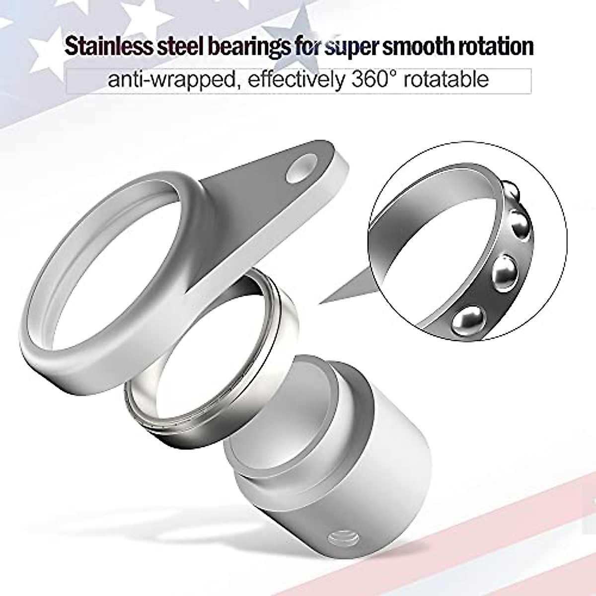 Loretoy Flagpole Ring Set with Bearings, Aluminum Alloy Flag Pole Rings, 360°Rotating Flag Mounting Ring, Spinning Flag Pole Clips Kit with Carabiner for 0.75-1.0 Inch Diameter Flagpole|Silver-2 Pack