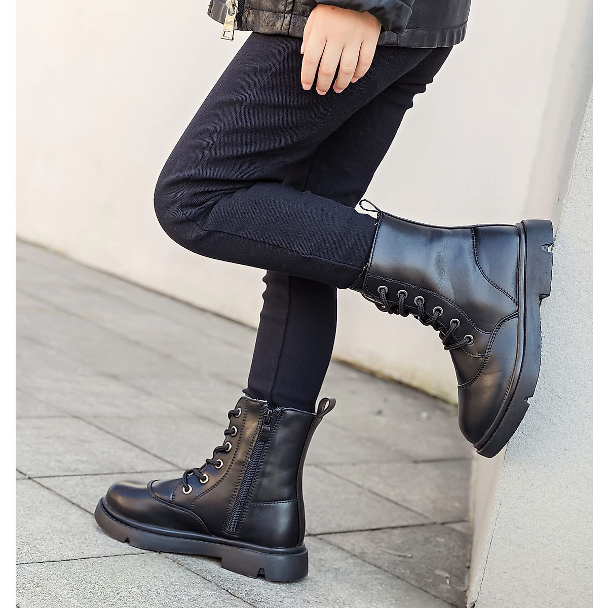 DADAWEN Boys Girls Waterproof Lace Up Mid Calf Combat Boots With Side Zipper for Toddler/Little Kid/Big Kid Black US Size 2 M Little Kid