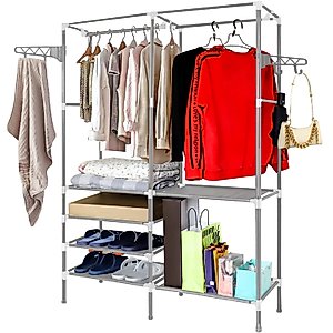 Garment Freestanding Clothes Organizer Closet, Metal Hanging Storage Organizer Rack Wardrobe with Shelves& Hanging Rods,Clothes Hanger Organizer (Grey)