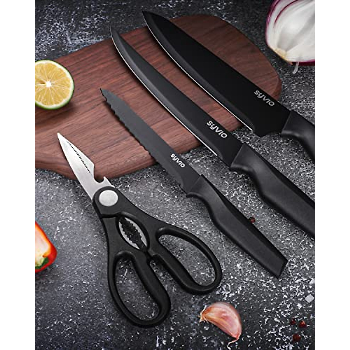 syvio Knife Sets for Kitchen with Block, Kitchen Knife Sets 14 Piece with Built-in Sharpener, Kitchen Knives for Chopping, Slicing, Dicing&Cutting
