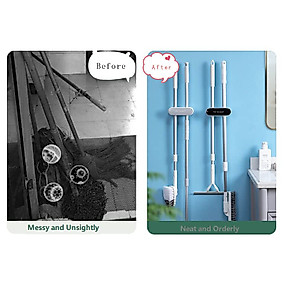 Mop and Broom Holder,Broom and Dustpan Hanger Holder Wall Mount Waterproof Heavy Duty Self Adhesive Gripper No-Drilling,Space Saver Tool Organizers For Kitchen,Garage,Bathroom,Laundry Room(White)