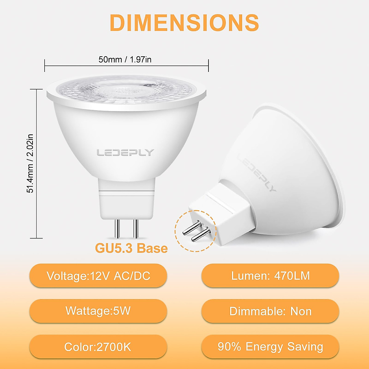 MR16 LED Bulb, 5W=50W, Non-Dimmable, 2700K Warm White, 470LM, AC/DC 12V Spotlight Bulb, GU5.3, No-Flicker, for Landscape, Recessed, Track Lighting, 6 Pack