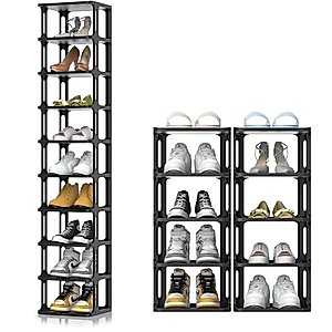 Tall Shoe Rack Front Door Entrance, Free Standing Narrow Shoe Rack Organizer for Entryway, Vertical Stackable Shoe Shelf for Closet Dedroom Dorm Garage, 10 Tier Black Shoe Tower for Small Spaces