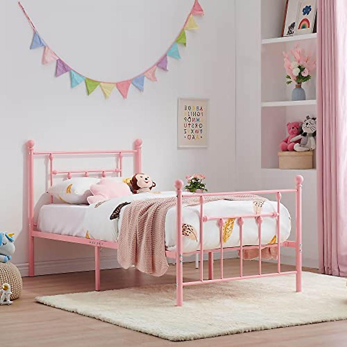VECELO Twin Size Metal Platform Bed Frame for Girls Kids Adults, with Headboard and Footboard/No Box Spring Needed Mattress Foundation, Festival Gift Birthday Present, Pink