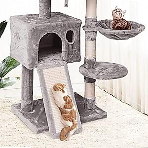MQ Cat Tree Tower 47.3 in, Multi Level Cat Scratching Post with Condo, Ladder, Hammock & Plush Perches for Kittens, Adult Cats, Light Gray