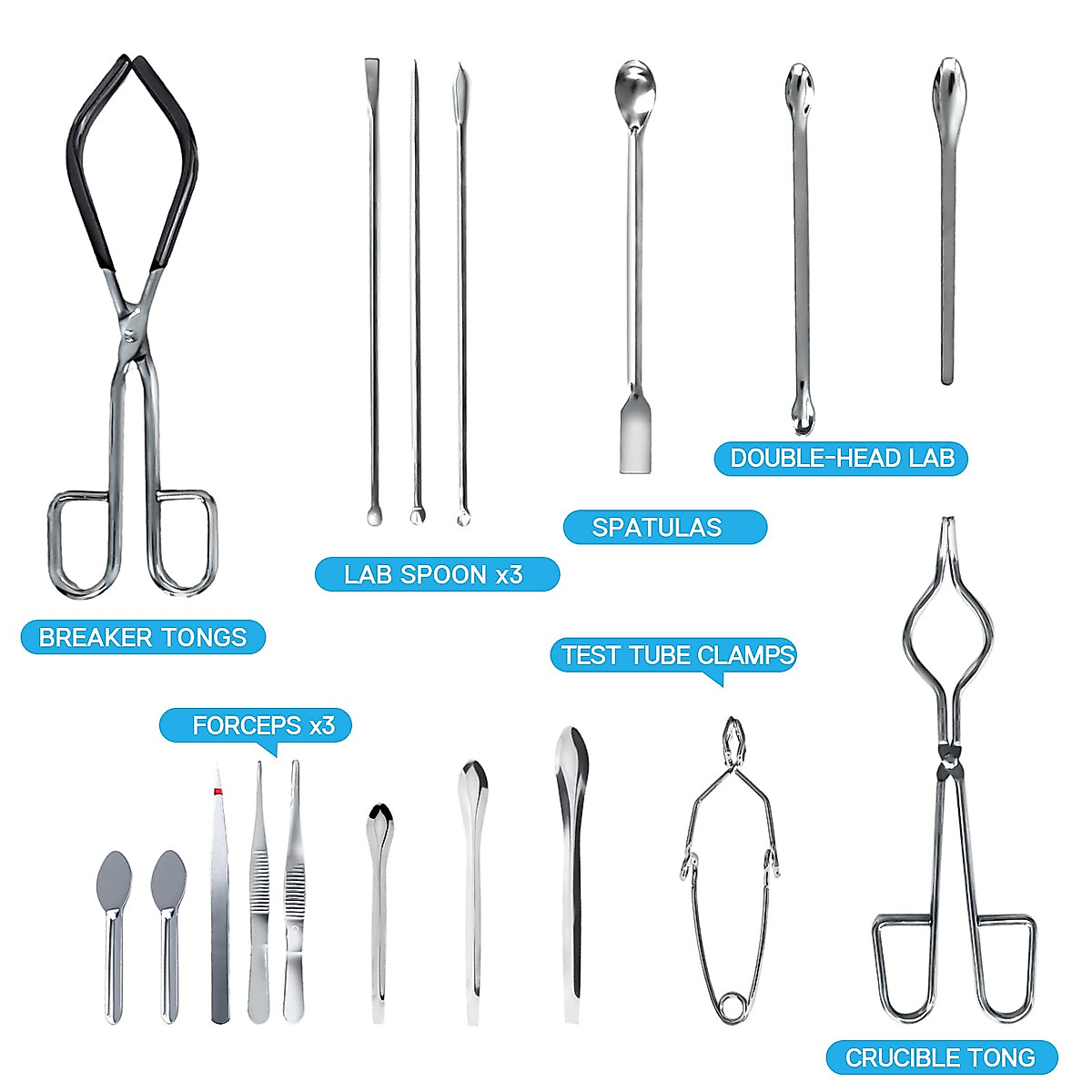 Scientific Lab Tools Pack for Basic Starter, Chemistry Set - Crucible Tongs Lab Spatula Scoop U-Shape Spoon Test Tube Clamps Stainless Steel Forceps Tweezers