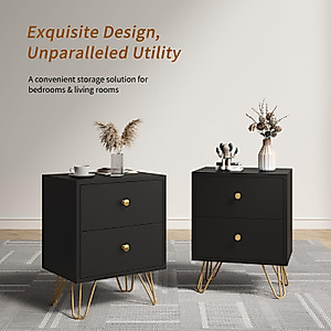 Tradare Black Nightstand Set of 2, Black and Gold Night Stand with 2 Drawers, Modern End Table with Metal Legs and Gold Handles, Bedside Table for Bedroom, Hallway