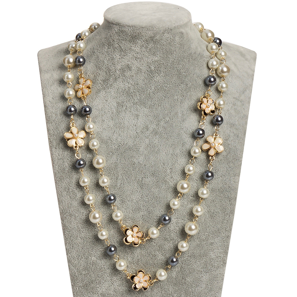 Designer Inspired Long Double Pearl Strand Layered Camellia Flower Pendant Necklace for Women, Dainty Sweater Necklace for Party, Vintage Costume Jewelry