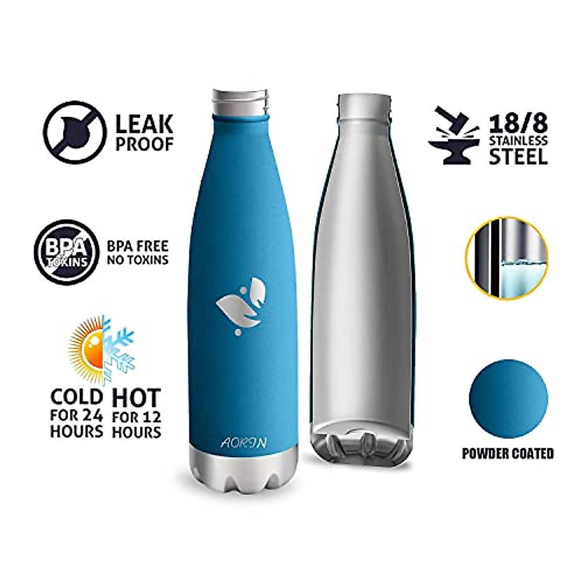 AORIN Vacuum Insulated Stainless Steel Water Bottle - 24 hrs Cooling & 12 hrs Keep Warm. Powder coating Scratch resistance Easy to clean