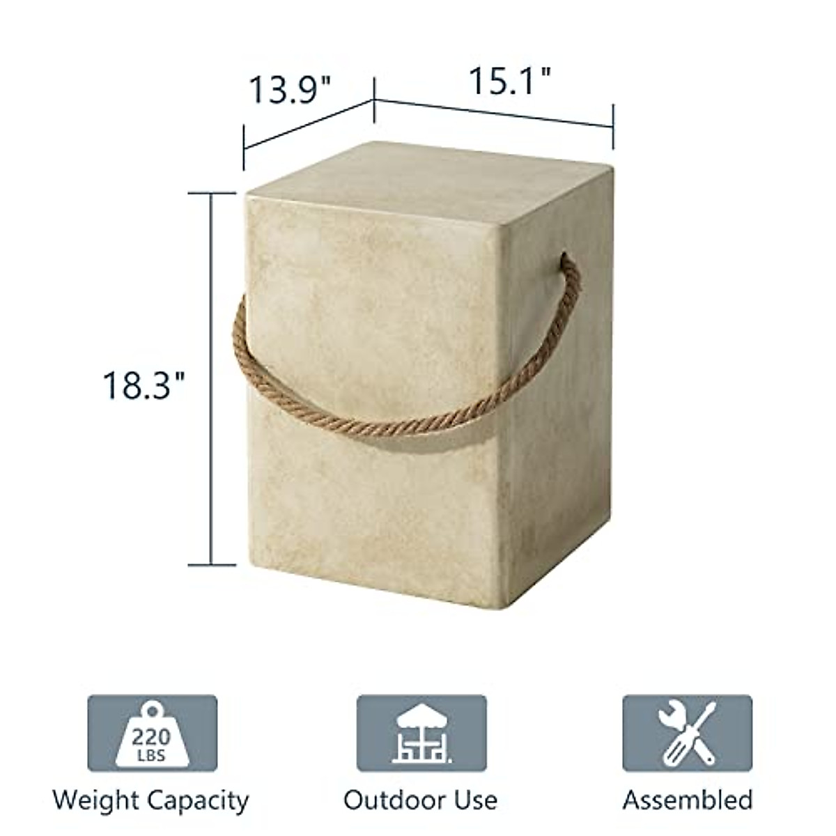 COSIEST Concrete Side Table, Rectangular Outdoor Side Table w Hemp Rope Handles,15''Patio Side Tables End Table, Outdoor Accent Side Table for Garden and Patio, Beige