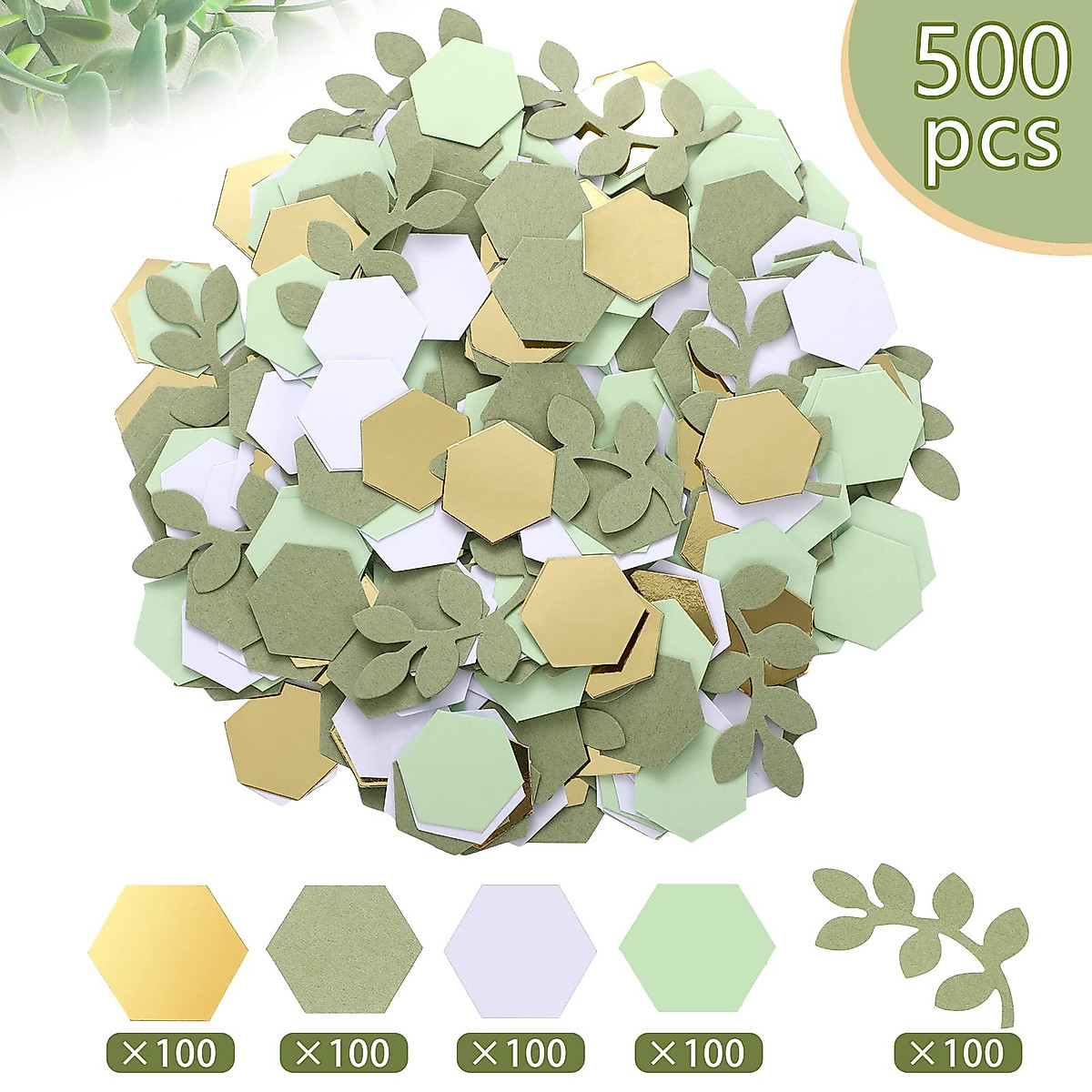 Crtiin 500 Pcs Greenery Gold Eucalyptus Confetti Baby Shower Confetti Hexagon Scatter Boho Scatter Table Decoration for Wedding Bridal Party Classroom Nursery (Tea Green, Sage Green, White, Gold)