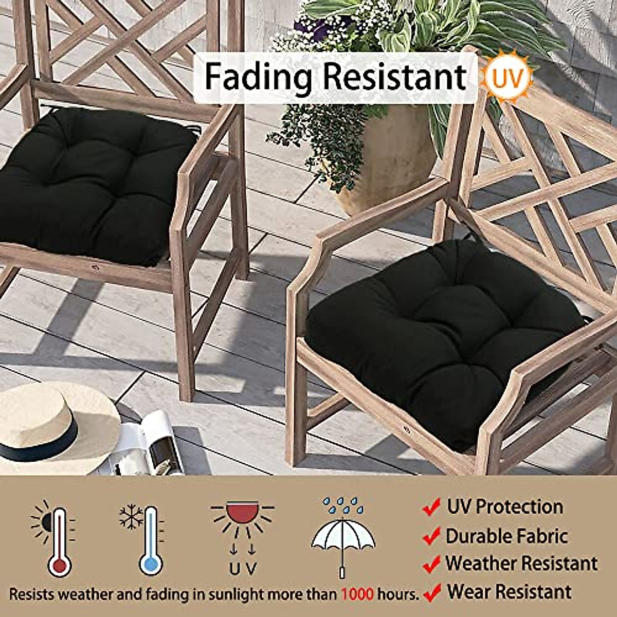 Magpie Fabrics Patio Tufted Seat Cushions 19"x19" with Ties, 2 Pack, U-Shape Waterproof Outdoor/Indoor Chair Pads for Garden Dining Office, Tatami Floor Pillow Meditation(Black Solid)