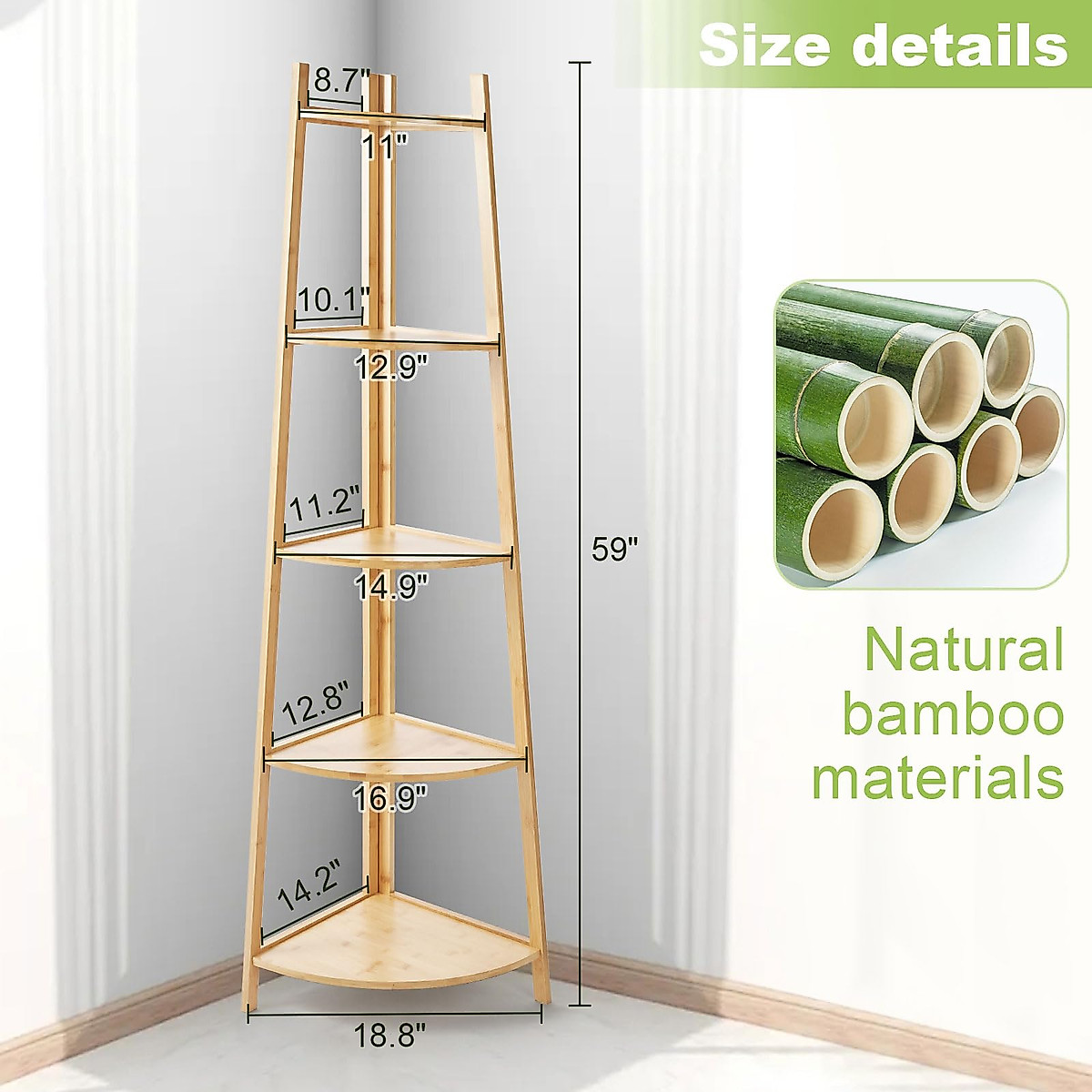 OUTREE Bamboo Corner Shelf, Upgraded Corner Shelf, Tall Corner Shelf Stand, 5 Tier Bookshelf with Versatile Shelving Unit for Living Room, Bedroom, Office, Bathroom, Easy to Store