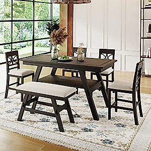 Farmhouse Counter Height 6-Piece Dining Set, Heavy Solid Wood Kitchen Dining Room Table Set, 60 in Triangular Design Bar Table with Storage Shelf, Bench and 4 Chairs with Soft Cushion (Espresso)