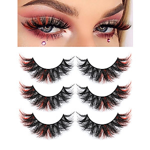 Red False Eyelashes with Color Cat Eye Lashes Mink Dramatic Fluffy Long Fake Lashes Christmas Wispy Strip Curly Lashes Pack 3 Pairs