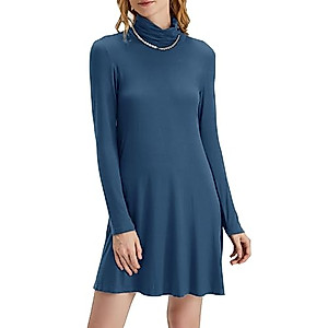 KEEDONE Women's Long Sleeve Turtleneck Casual Loose T-Shirt Dresses (S Elegant Blue)