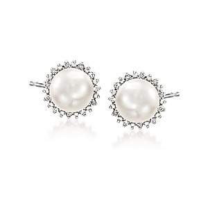 Ross-Simons 7-7.5mm Cultured Button Pearl and .13 ct. t.w. Diamond Stud Earrings in Sterling Silver
