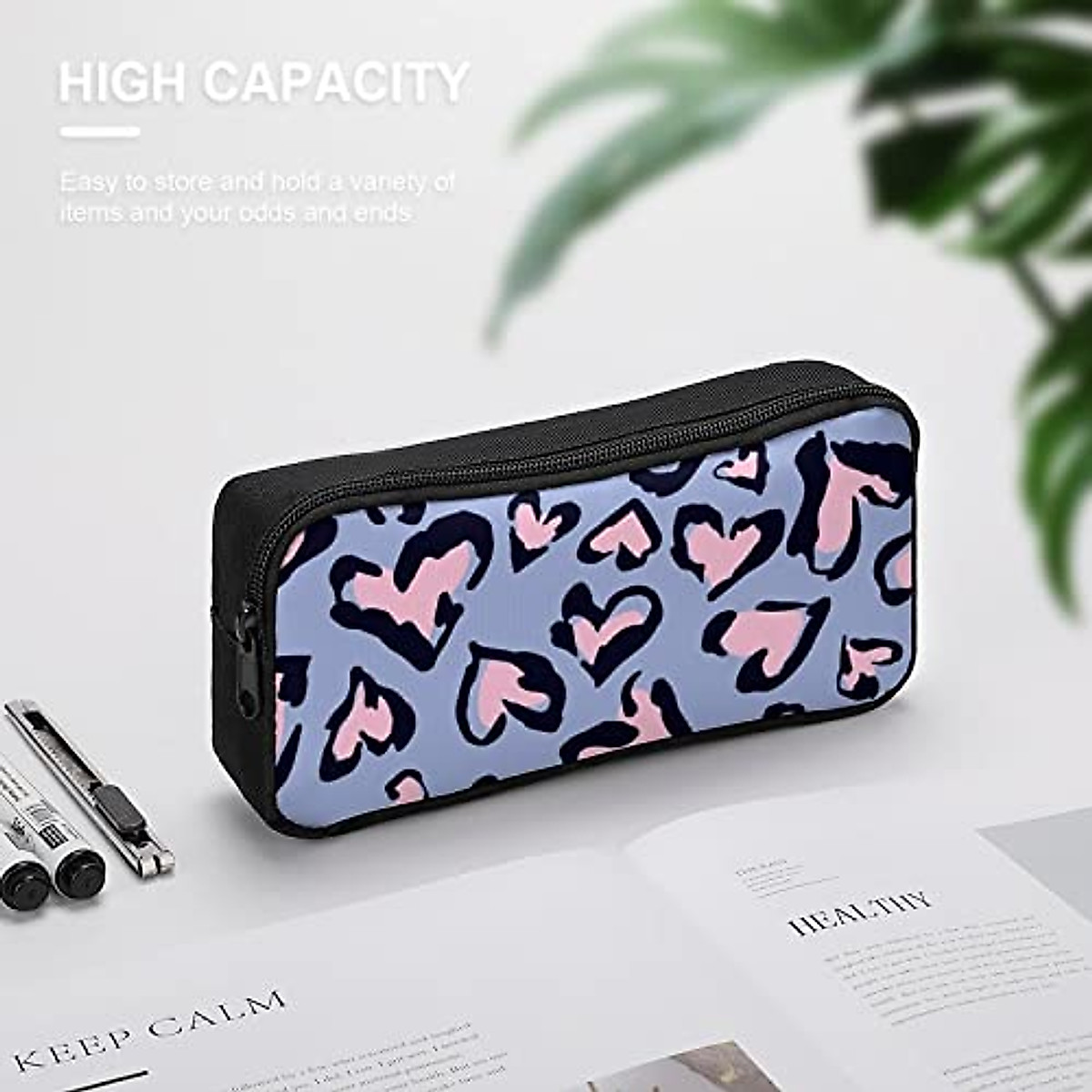 Heart Leopard Pattern Teen Adult Pencil Case Large Capacity Pen Pencil Bag Durable Storage Pouch