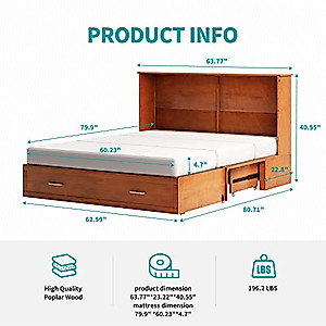 BALUS Modern Murphy Bed Cabinet with Mattress,Muti-Functional Cube Cabinet Bed with USB Charging Station&2 Large Drawers&3 Level Folding Foam Mattress for Apartment/Living Room/Loft,Queen (Redwood)