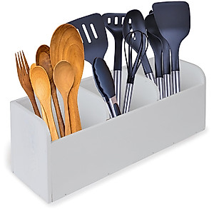 Besti Wooden Kitchen Utensil Holder With 3 Compartments | Torched Wood Utensil Organizer | For Cutlery, Napkins, Cups & More | Vintage Countertop Caddy Box | Size: 6.5 x 14.8 x 5” Inch (White)