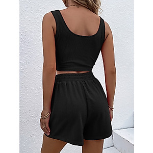 Verdusa Women's 2 Piece Ribbed Crop Tank Top and Shorts Tracksuit Set Black XL