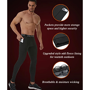 SILKWORLD Thermal Underwear Mens Compression Pants Cold Gear Athletic Gym Leggings with Pockets Winter Base Layer Bottoms,C5_Fleece Lined_3pack_Navy Blue,Hemp Grey,Cyan,3X-Large