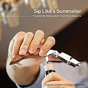 Hicoup Wine Opener - Professional Corkscrews for Wine Bottles w/ Foil Cutter and Cap Remover - Manual Wine Key for Servers, Waiters, Bartenders and Home Use - Stainless Steel w/ Sapphire Resin Inlay