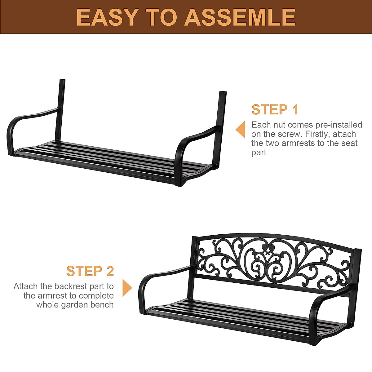 Outvita Outdoor Bench, 50" Metal Garden Bench Patio Porch Furniture with Floral Design Backrest Powder-Coated Chair Yard Entryway Deck Furniture